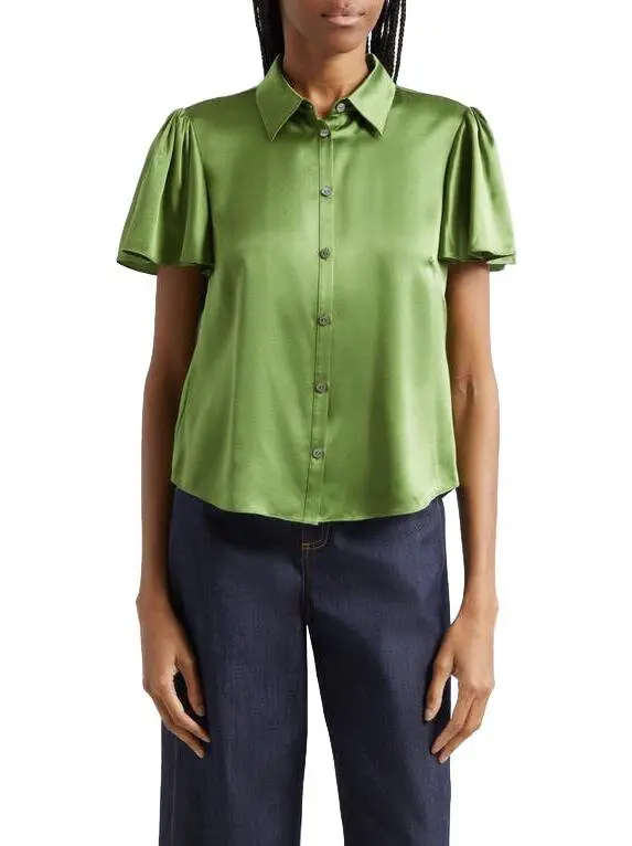 Cinq À Sept Fiona Flutter Sleeve Silk Satin Button-up Shirt - Kale
