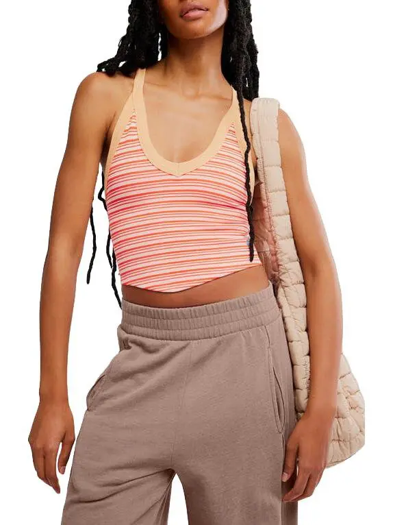 Free People Ribbed Striped Racerback Cropped Tank Top - Grapefruit