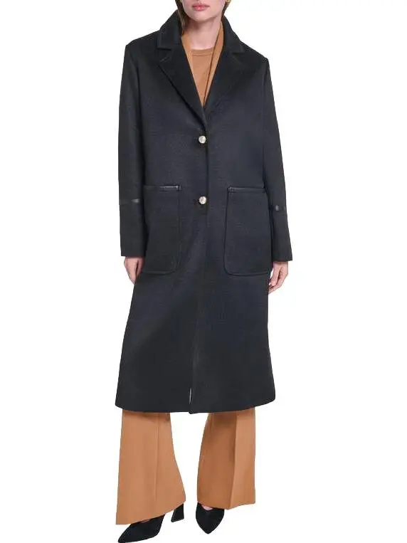 Karl Lagerfeld Paris Single Breasted Coat With Faux Leather Trim - Black