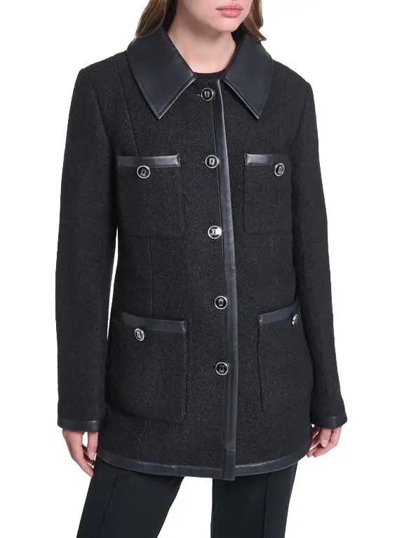 Karl Lagerfeld Paris Wool Blend Jacket With Faux Leather Trim - Black