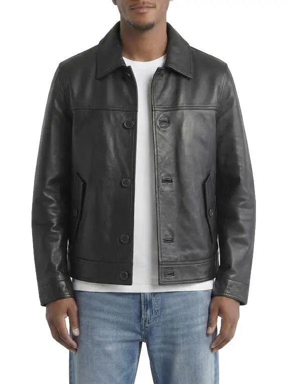 Bagatelle Genuine Leather Trucker Jacket With Spread Collar - Black