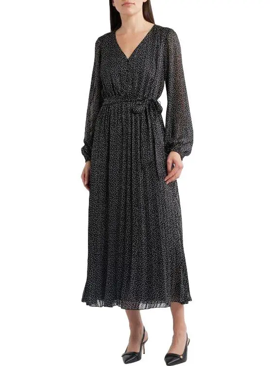 Sam Edelman Polka Dot Metallic Thread Long Sleeve Pleated Midi Dress - Black