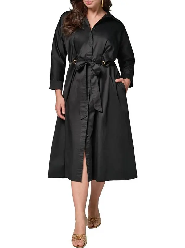 Donna Karan New York Drawstring Waist Stretch Midi Shirtdress - Black