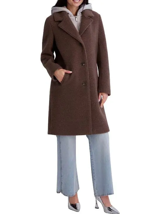 KENNETH COLE Textured Coat With Removable Hoodie Bib - Chocolate