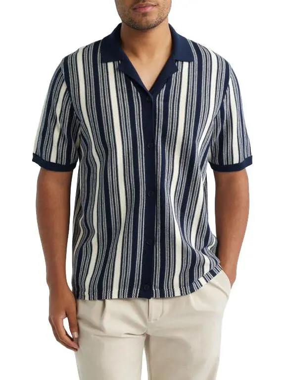 WAX LONDON Ivy Stripe Knit Camp Shirt - Navy/ecru