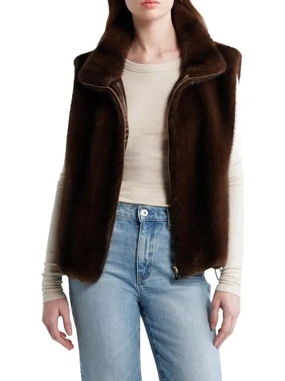 Via Spiga Faux Fur Vest With Stand Collar - Chocolate