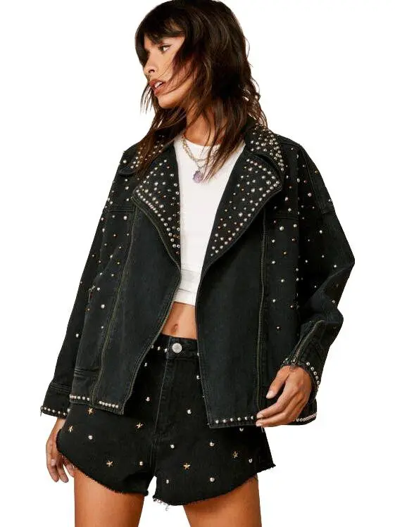 Nasty Gal Embellished Denim Biker Jacket - Black