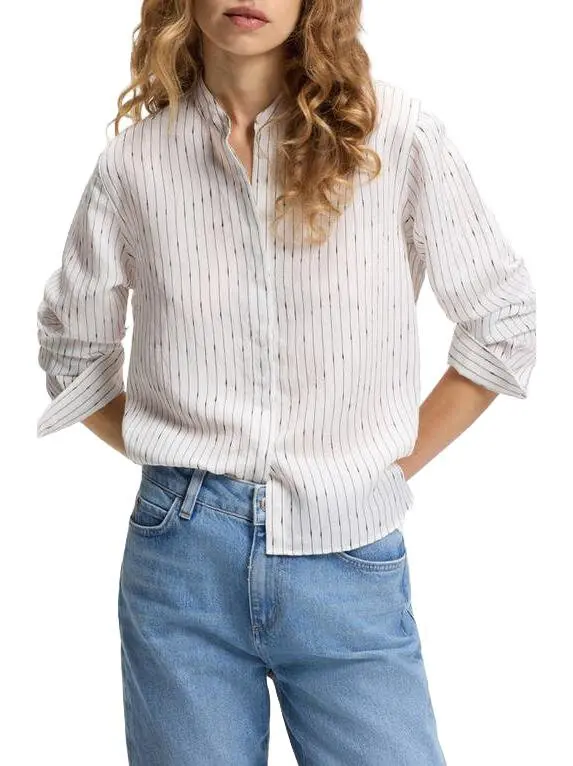 BOSS Bertyna Striped Mandarin Collar Cropped Shirt - White