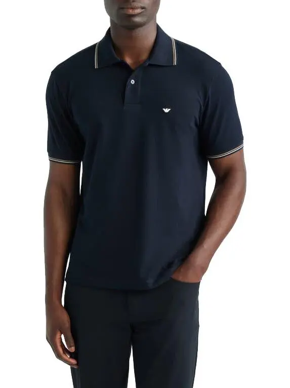 Emporio Armani Tipped Cotton Polo Shirt - Solid Blue Navy