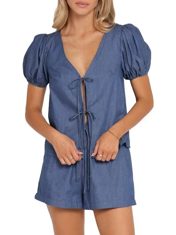 PETAL & PUP Dominic Tie Front Puff Sleeve Top - Denim