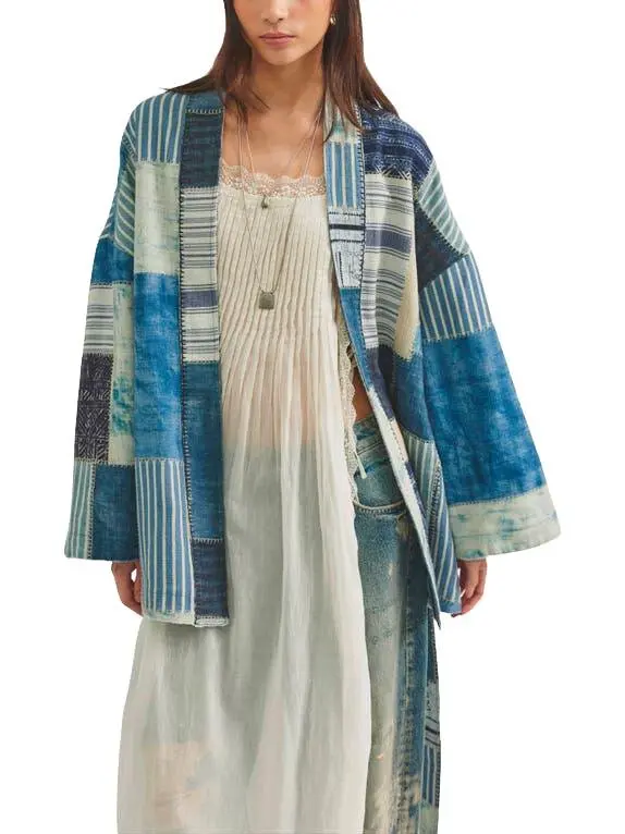 Free People Evie Cotton Patchwork Kimono With Band Collar And Belted Waist - Indigo Patchwork