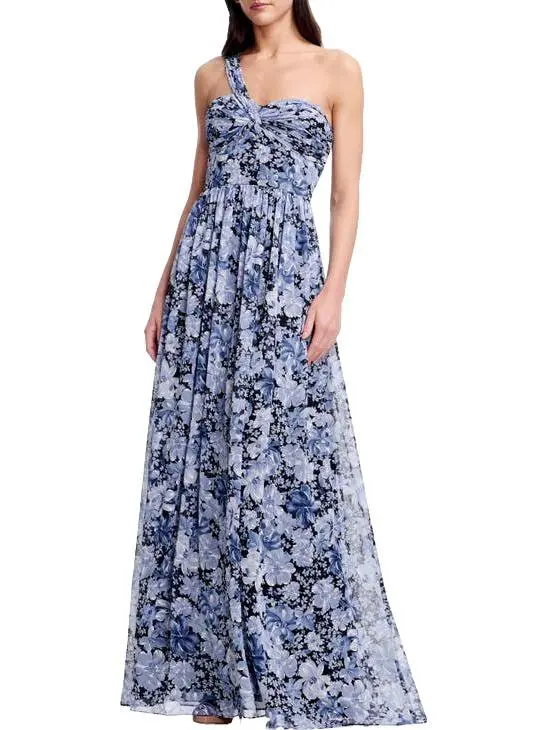 Dress The Population Metallic Floral One-shoulder Gown - Navy Multi