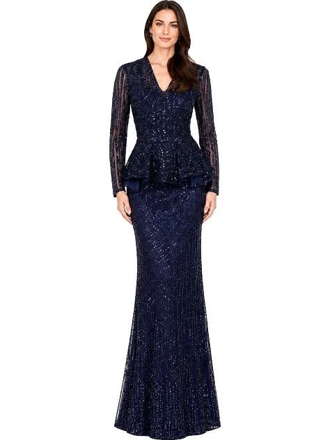 LARA NEW YORK Long Sleeve Beaded Peplum Gown - Navy
