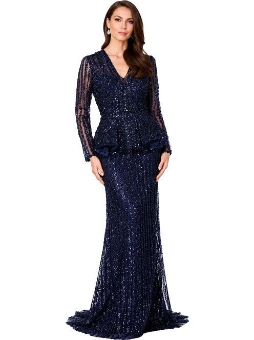 LARA NEW YORK Long Sleeve Beaded Peplum Gown - Navy