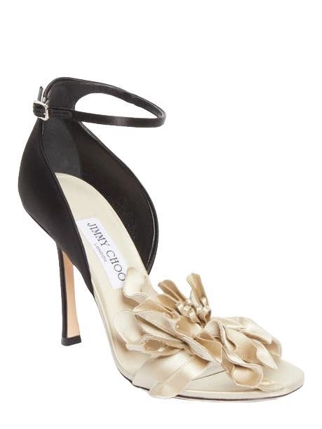 JIMMY CHOO Coko Satin Stiletto Sandal With Floral Embellishment - Bone/black