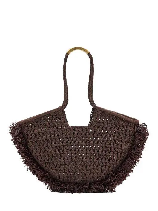 Mango Raffia Shoulder Bag With Fringe Detail - Chocolate