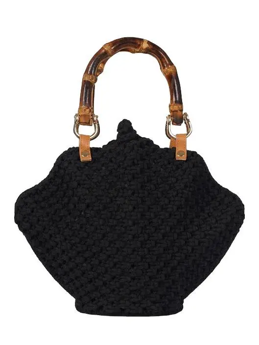 JELAVU Crochet Shell Bag With Bamboo Top Handles - Black