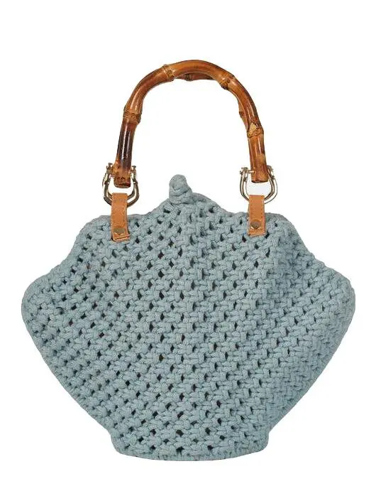 JELAVU Crochet Shell Bag With Bamboo Top Handles - Blue