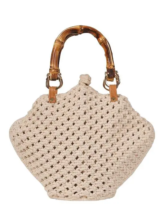 JELAVU Crochet Shell Bag With Bamboo Top Handles - Cream