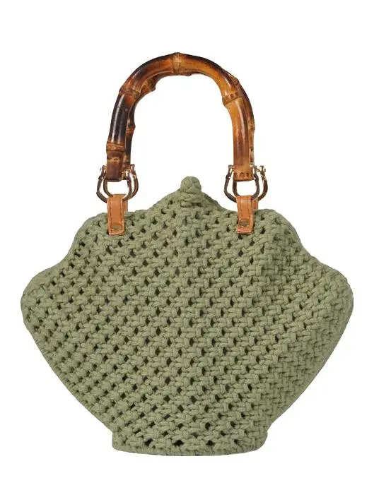 JELAVU Crochet Shell Bag With Bamboo Top Handles - Green