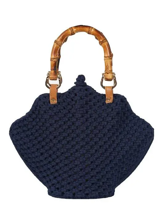 JELAVU Crochet Shell Bag With Bamboo Top Handles - Navy