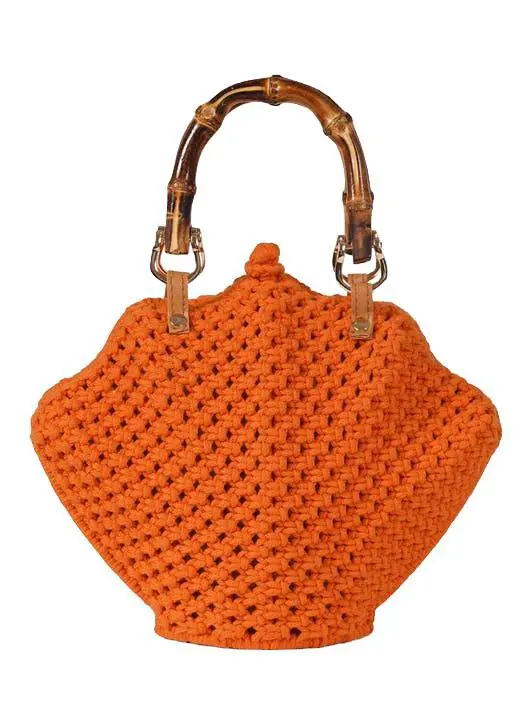 JELAVU Crochet Shell Bag With Bamboo Top Handles - Orange