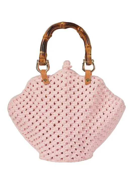 JELAVU Crochet Shell Bag With Bamboo Top Handles - Pink