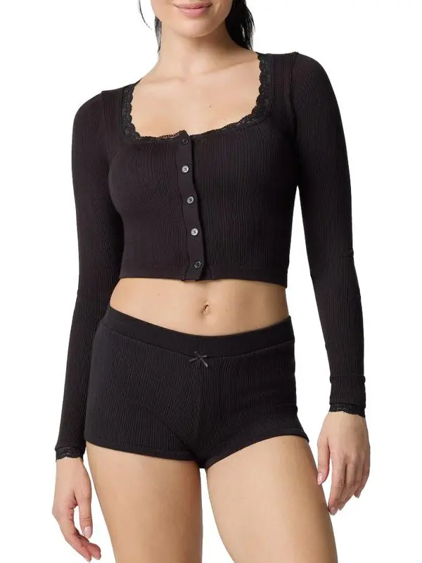 FLORENCE BY MILLS Rib Crop Cardigan With Lace Trim - Black