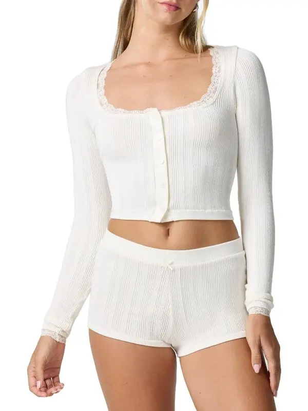 FLORENCE BY MILLS Rib Crop Cardigan With Lace Trim - Jet Stream