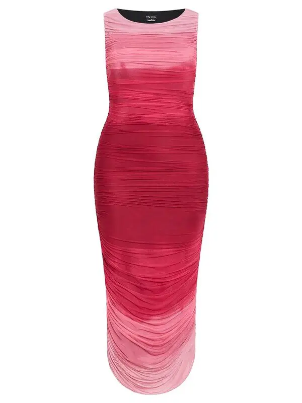 City Chic Halo Ombré Sleeveless Ruched Maxi Dress - Ruby Ombre