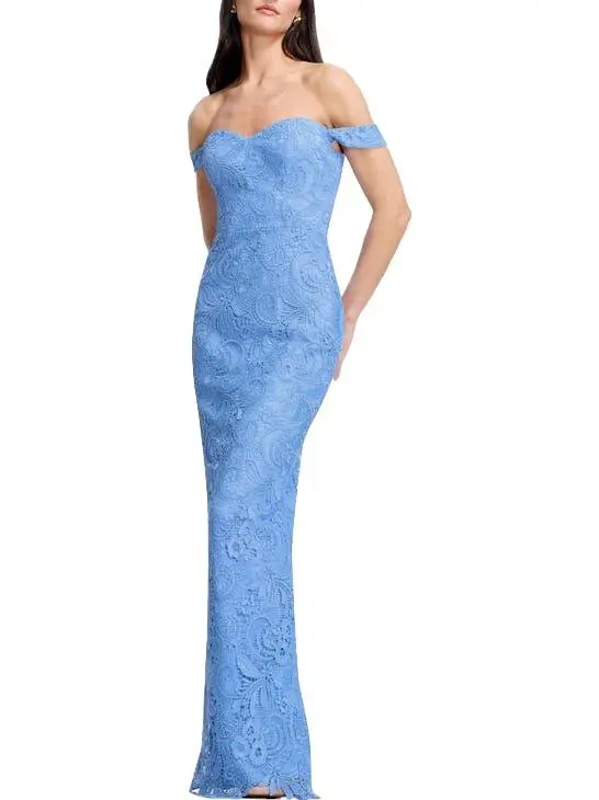 Dress The Population Dorothy Embroidered Lace Off-the-shoulder Mermaid Gown - Sky