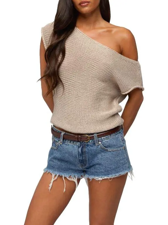 EDIKTED Off-shoulder Textured Knit Top With Asymmetrical Neckline - Beige