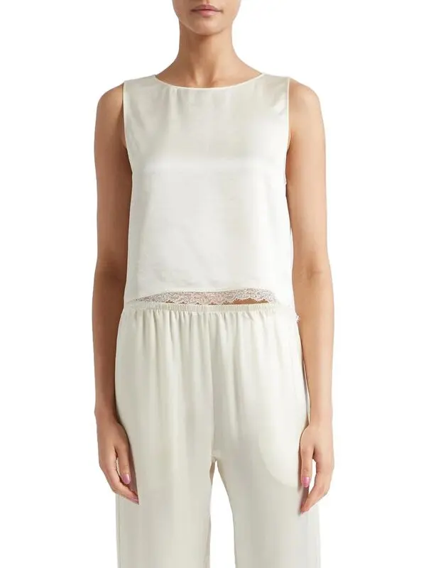 LESET Lace Trim Sleeveless Satin Top - Creme