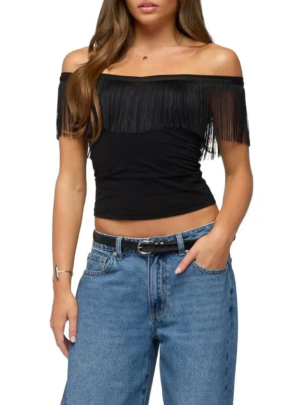 EDIKTED Catalina Fringe Off-the-shoulder Top - Black