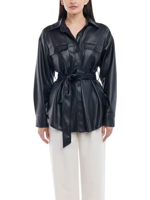 LBLC THE LABEL Dominique Faux Leather Belted Shirt - Black