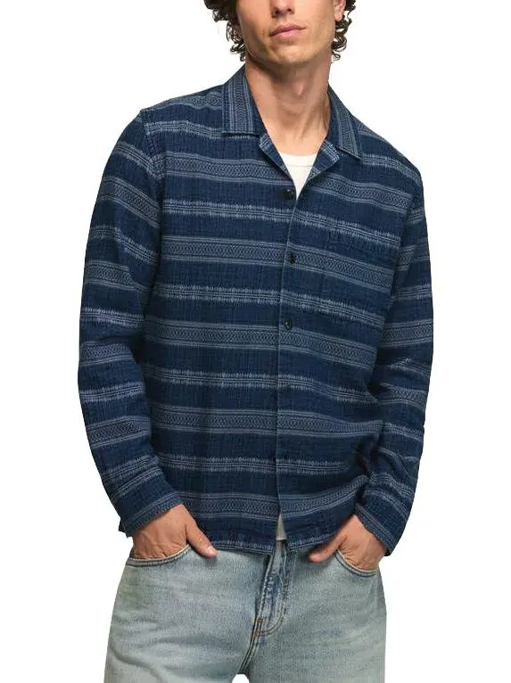 Lucky Brand Stripe Long Sleeve Camp Shirt - Indigo