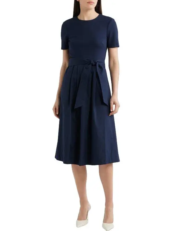 Eliza J Jewel Neck Tie Waist Midi Dress - Navy