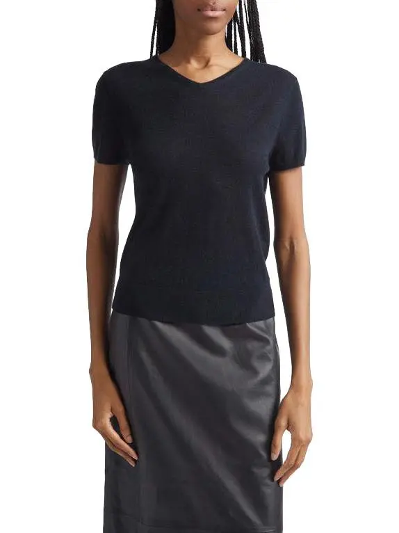 Vince High V-neck Short Sleeve Wool Sweater - Black