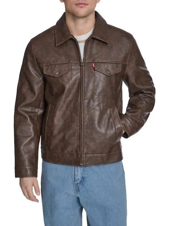 LEVI'S Faux Leather Trucker Jacket - Saddle