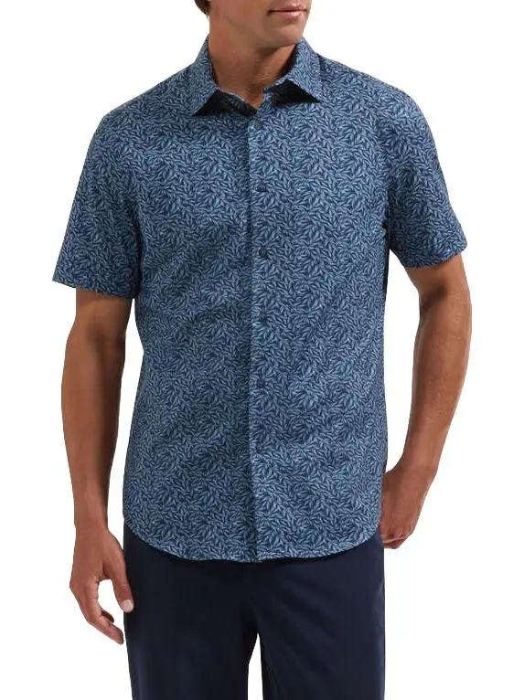 Bugatchi Miles Ooohcotton® Leaf Print Short Sleeve Button-up Shirt - Navy