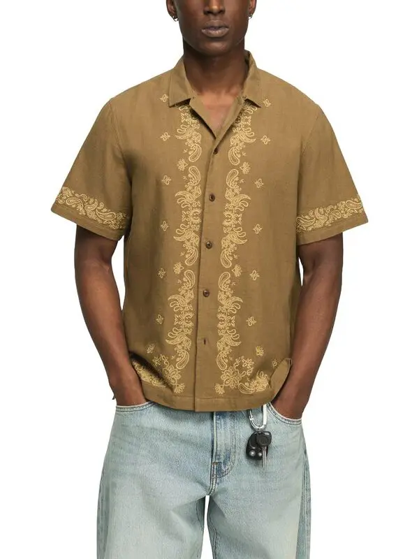 Lucky Brand Embroidered Paisley Camp Shirt - Kangaroo
