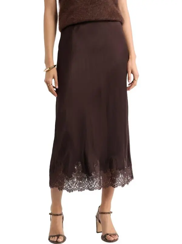 Nordstrom Lace Trim Bias Midi Skirt - Brown Mole
