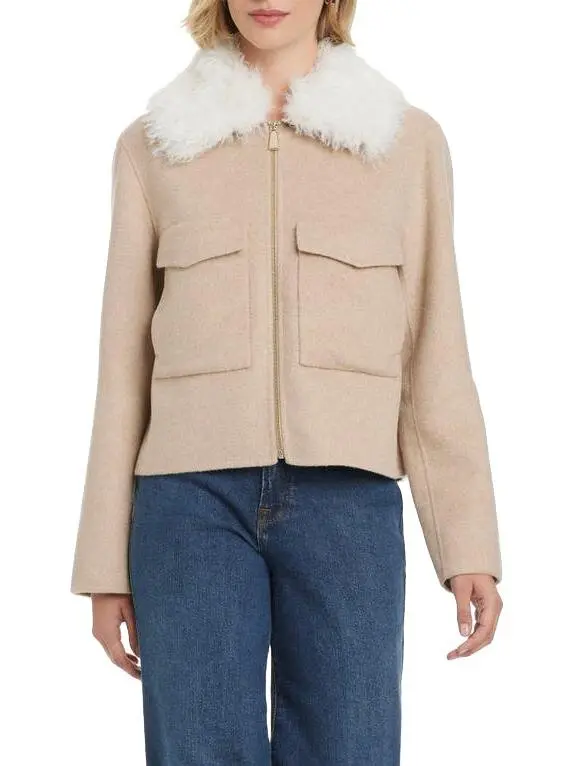 Kate Spade New York Wool Blend Jacket With Removable Faux Shearling Collar - Champagne