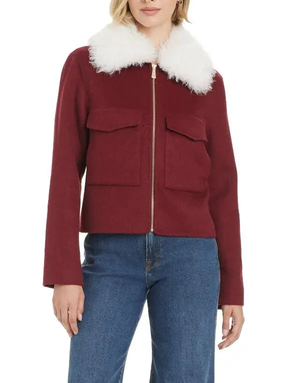 Kate Spade New York Wool Blend Jacket With Removable Faux Shearling Collar - Rhubarb Jam