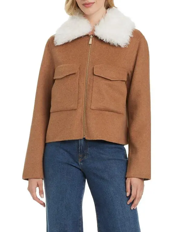 Kate Spade New York Wool Blend Jacket With Removable Faux Shearling Collar - Vicuna