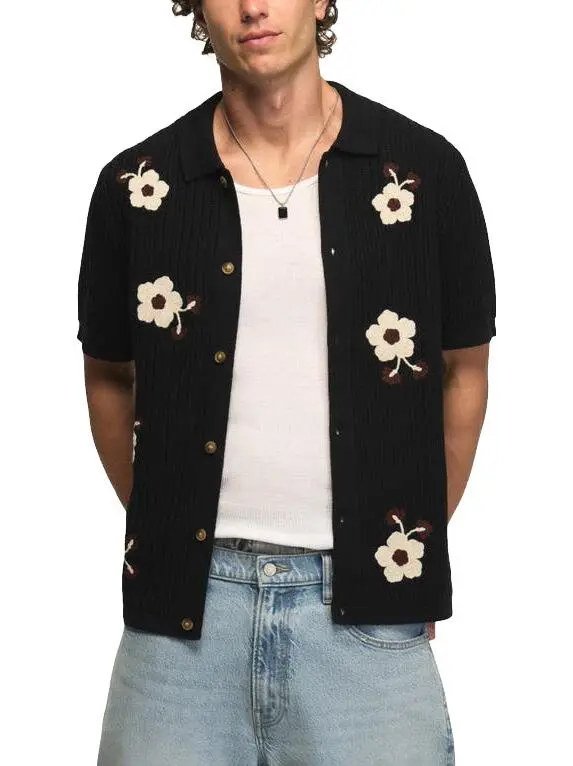 Lucky Brand Crochet Flower Short Sleeve Cardigan - Caviar