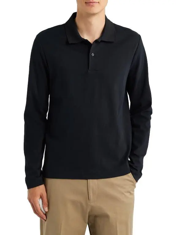 Vince Long Sleeve Peached Cotton Jersey Polo - Black