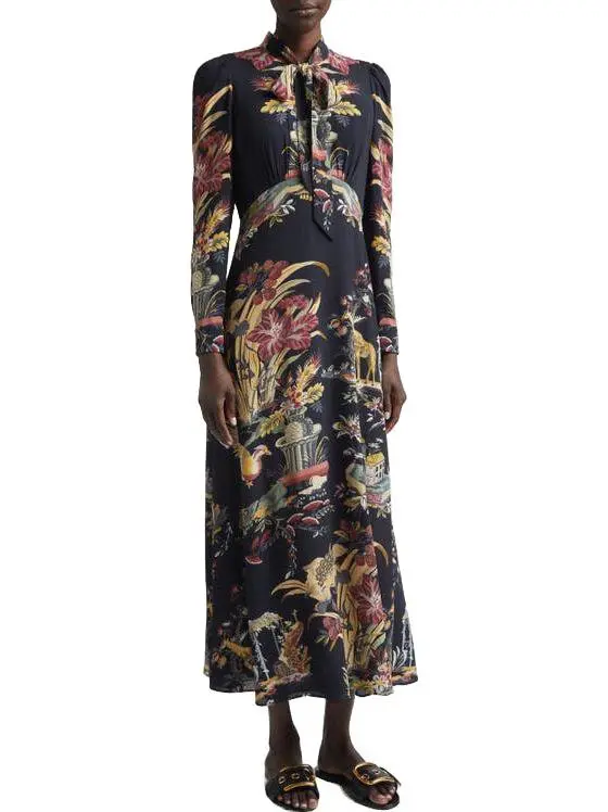 Etro Placed Flower & Animal Print Tie Neck Long Sleeve Dress - Black
