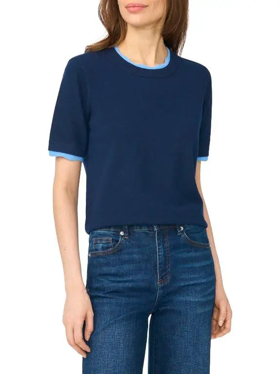 CECE DUPRAZ Lace Trim Short Sleeve Crewneck Sweater - Blue Midnight