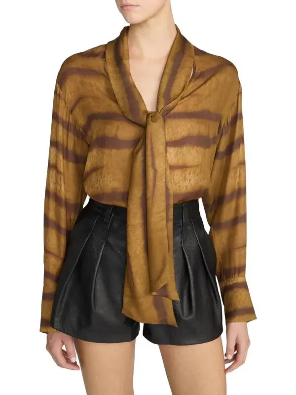 FRAME Oversized Silk Tie Neck Shirt - Light Tiger Multi